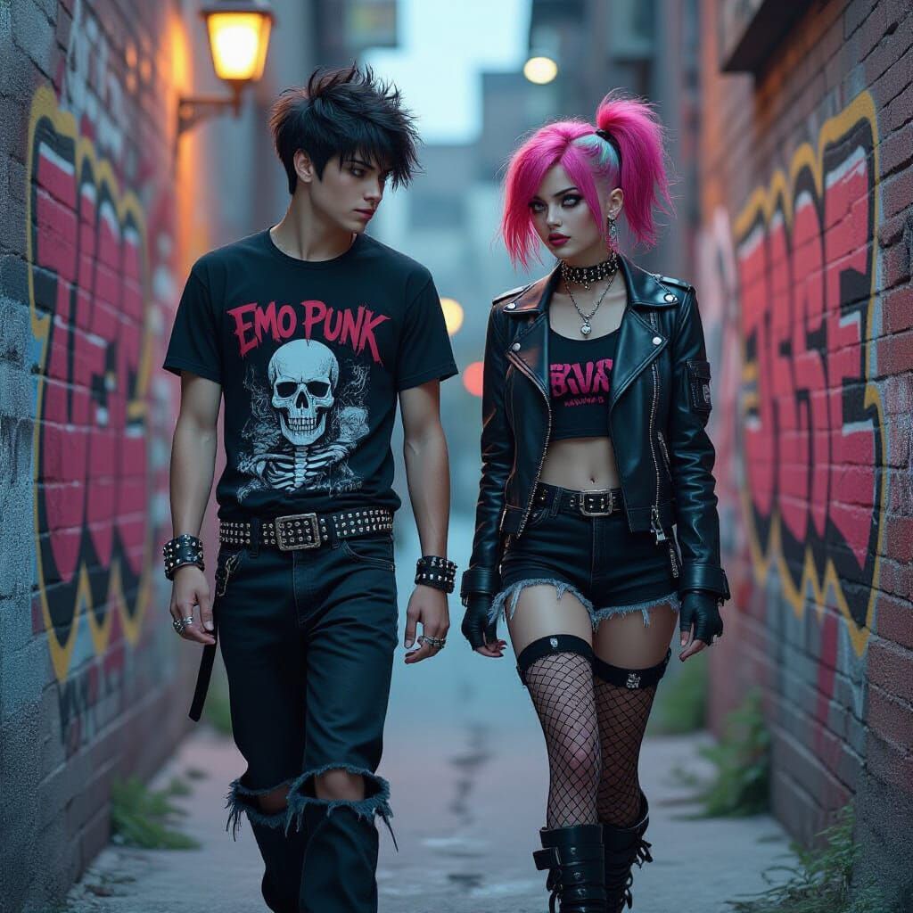 Emo couple - Edgy Couple in Graffiti Alleyway, Comic-Book St...