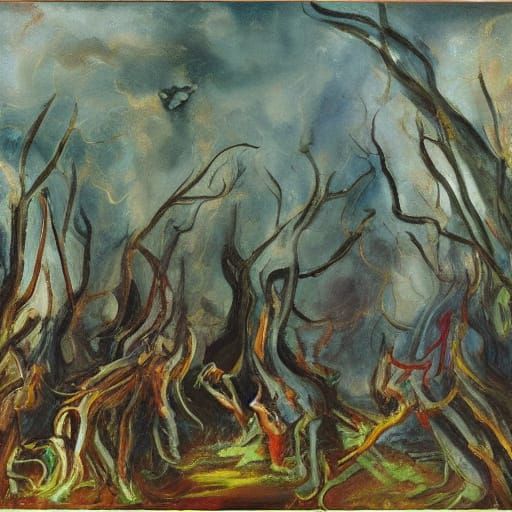 Surreal Oil Painting of Demonic Rabbits in a Gothi... - AI Art