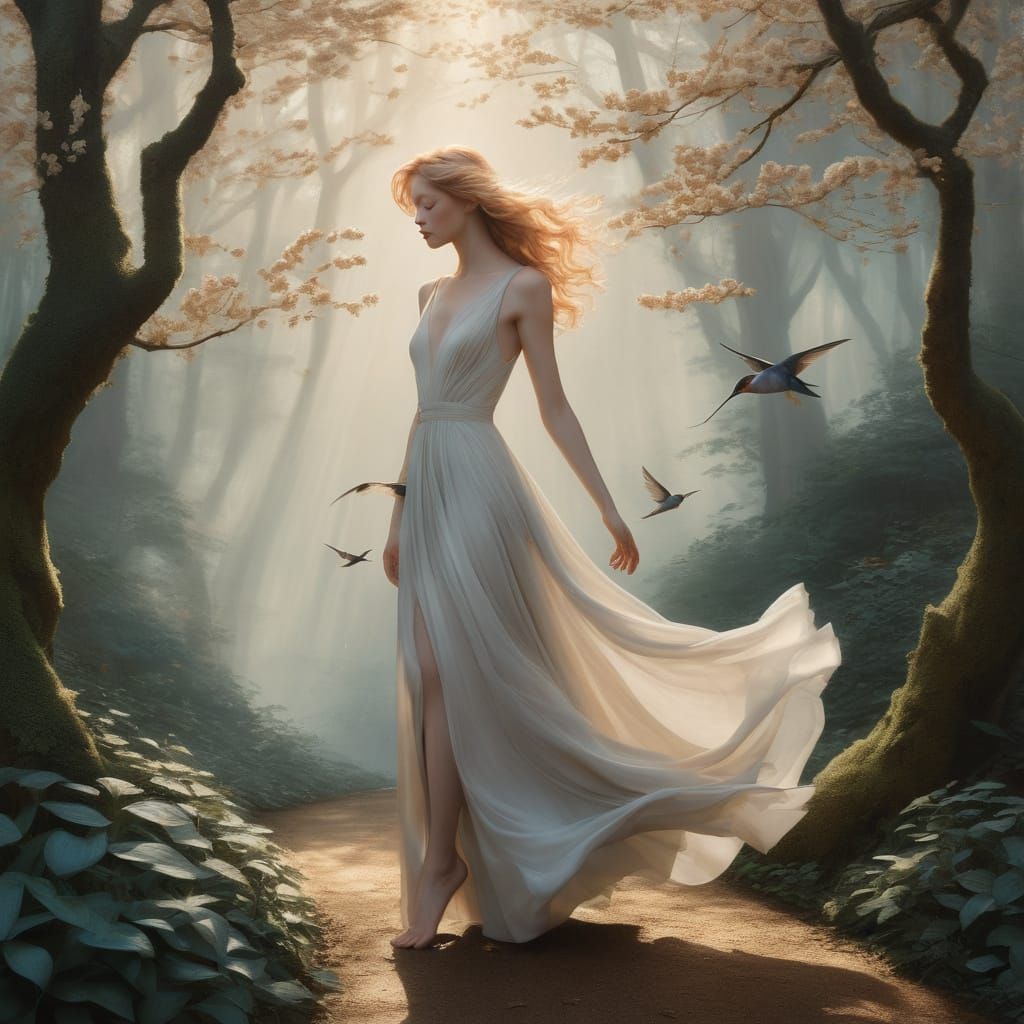 Whimsical Ferry Goddess in Enchanted Forest - AI Art