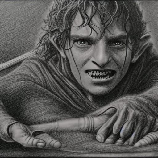 Lord of the rings mt doom frodo sam and gollum hyperdetailed charcoal ...
