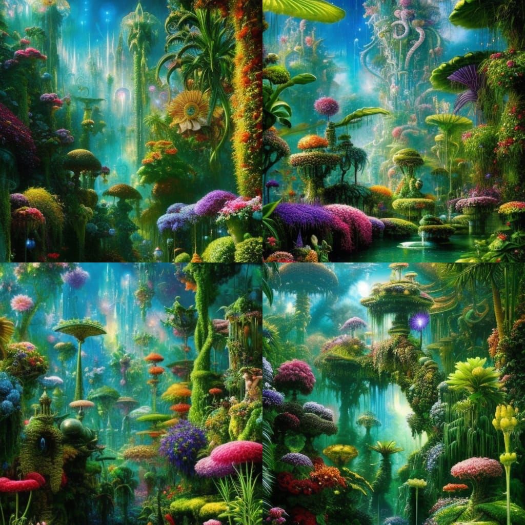 a fantastical garden on an alien planet with lots of large fantastical ...