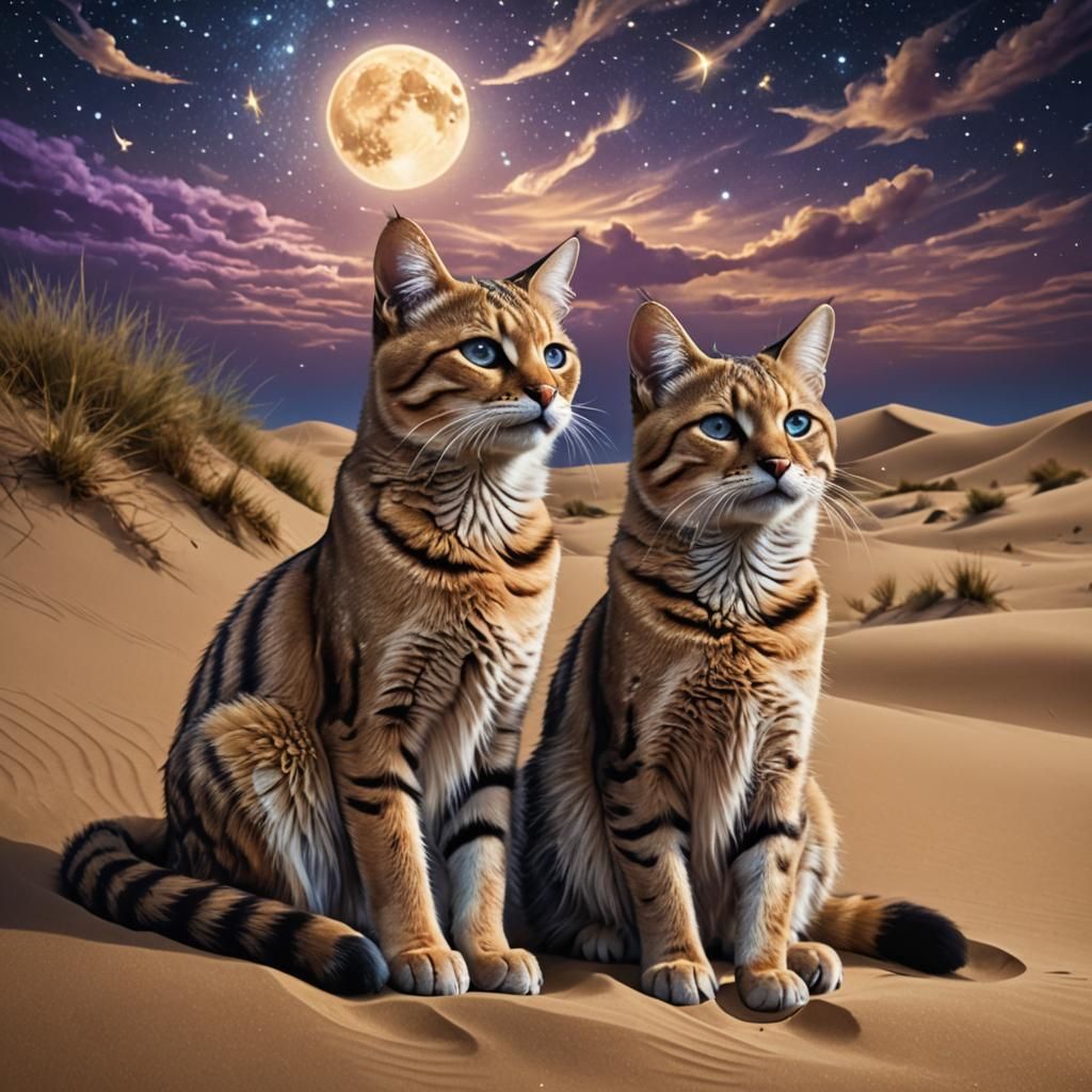 Sand Cats - Starry Night Sand Cats in Fantasy Concept Art St...