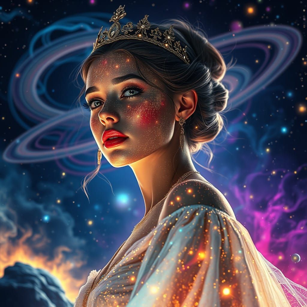 A celestial empress with Freckles that shimmer like constellations