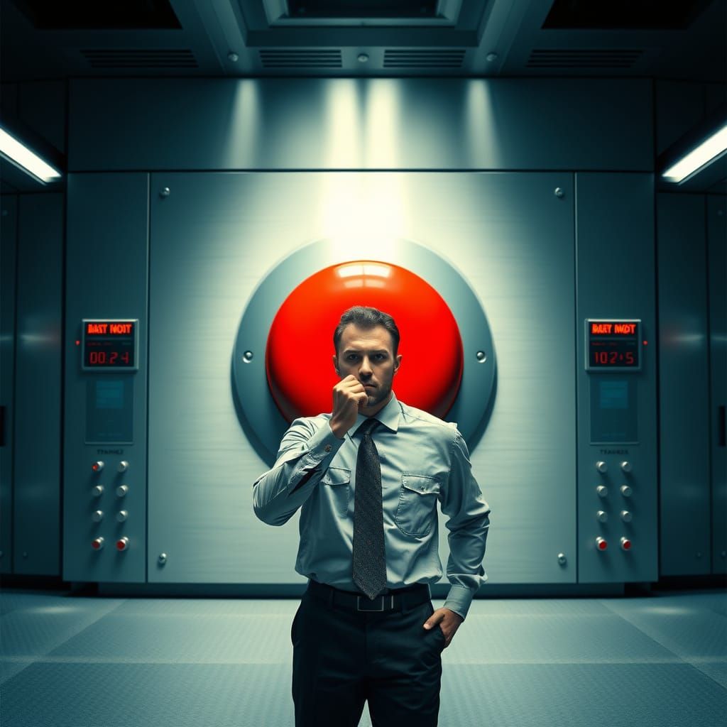 The big red button - Tense Office Worker Stares Down Ominous...