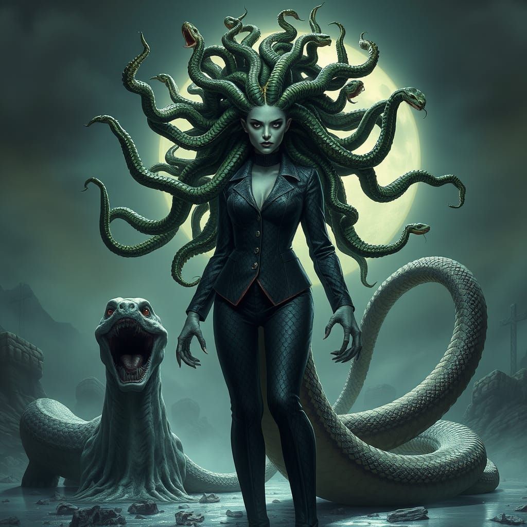 Medusa in Dark Business Attire Triumphs Over Petri... - AI Art