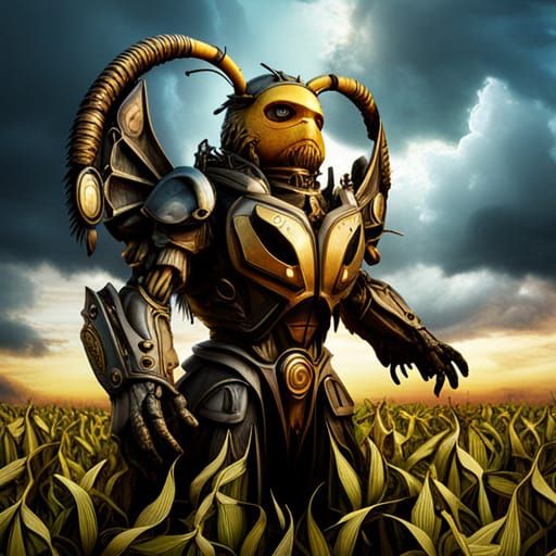 Bumble bee scarecrow in a field of corn, with gears for eyes highly ...