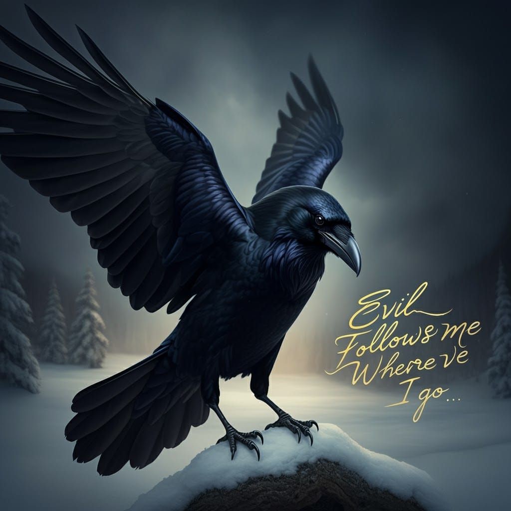 A beautiful raven with wings spread wide above a winter landscape ...