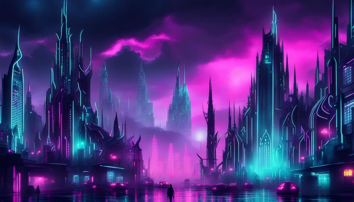 futuristic gothic city in stormy night cool colors glowing neon - AI ...