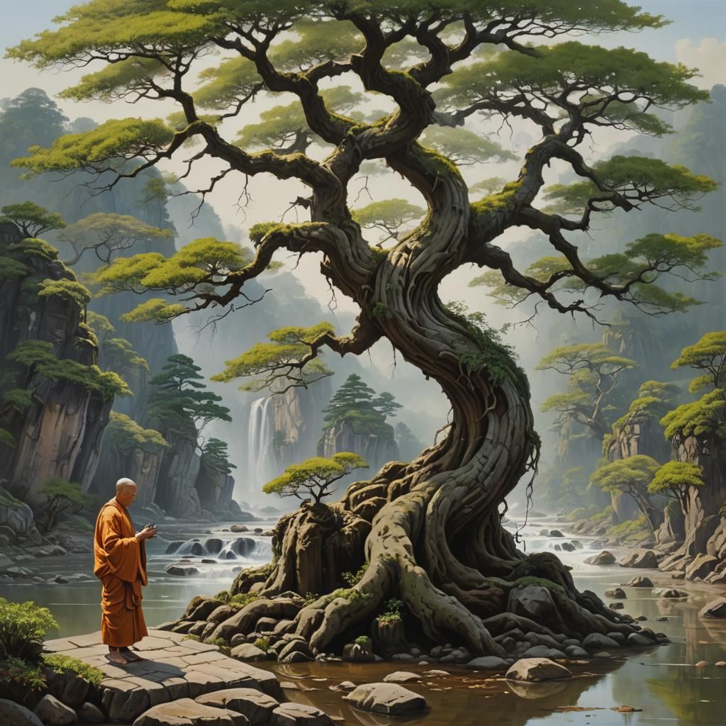Hyper realistic mode, a giant tree in bonsai mode, full view, sinuous ...