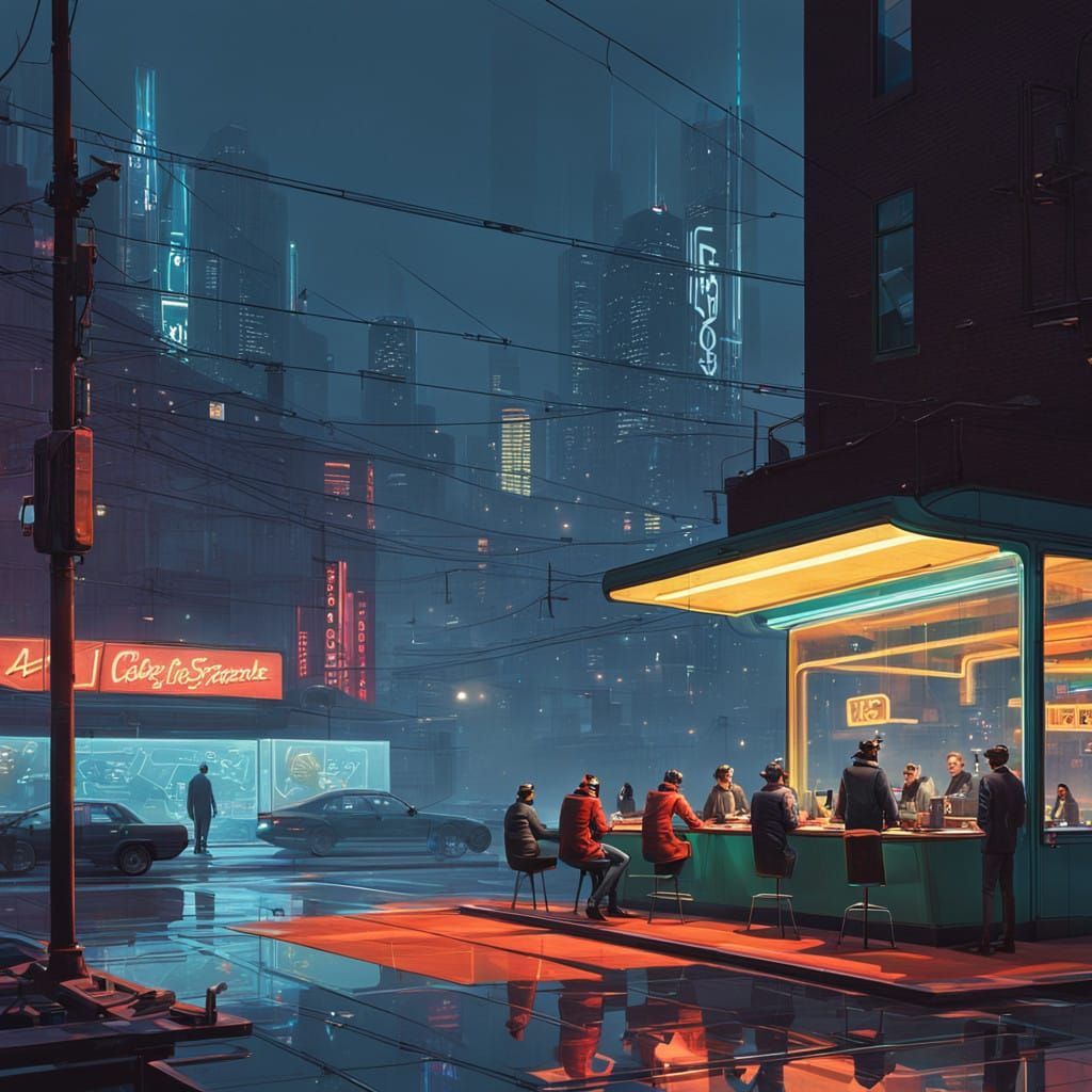 a night at NightCafe in the style of Edward Hopper's "Nighthawks"