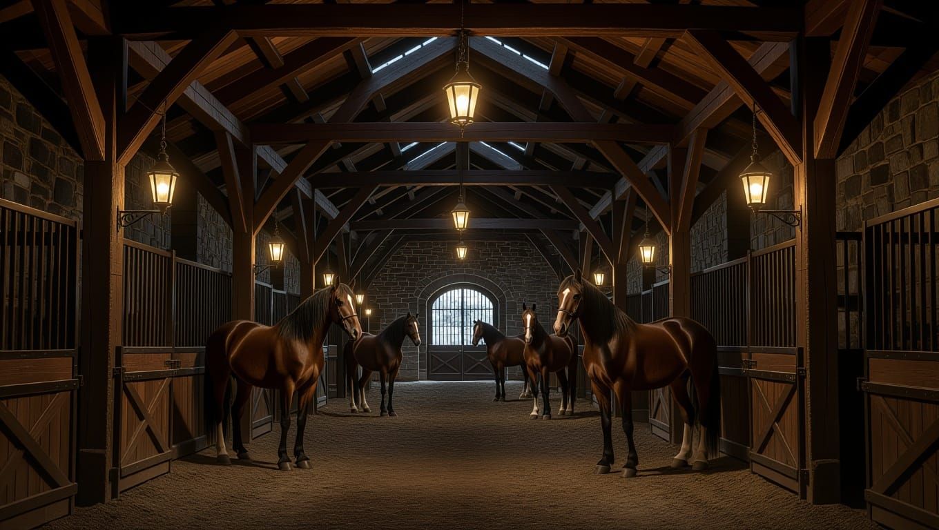 Majestic Horses in Medieval Stable at Night, Photo... - AI Art
