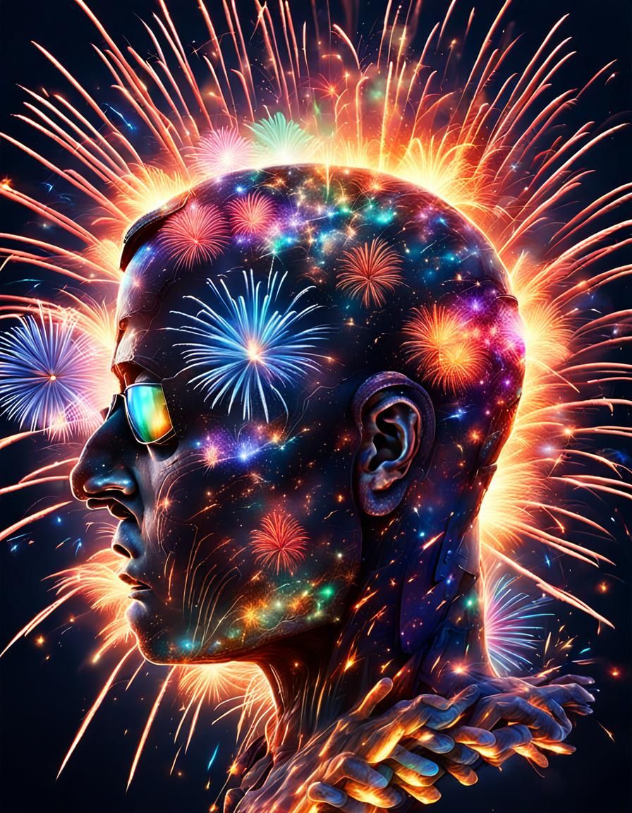 Mind blowing fireworks exploding from a metalic andriod head , big explosions , bright colours ...