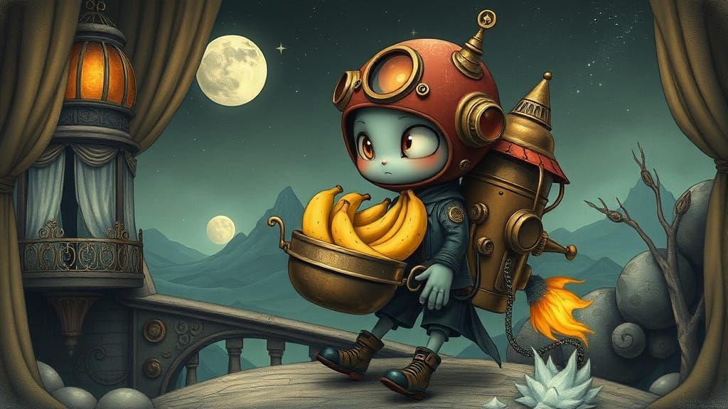 Whimsical illustration of Night Bacon Rocket, a surreal character with ...