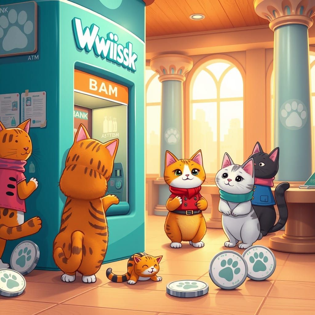 cute cats in line for an ATM - Whimsical Cats in Feline Wo...