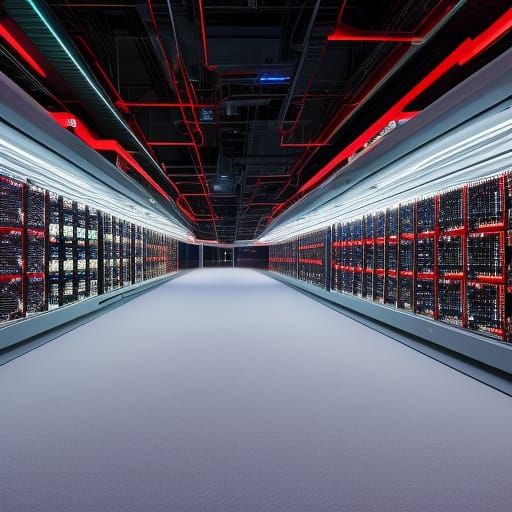 Photorealistic interior of massive computer building with rows and rows ...