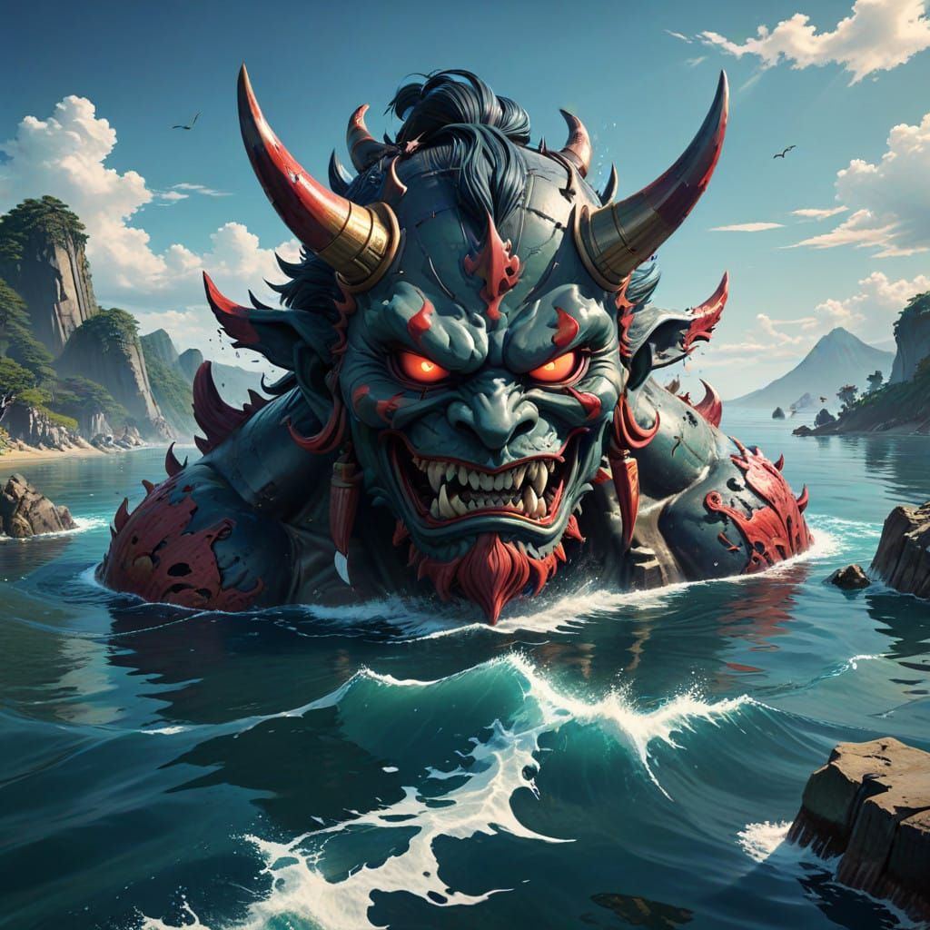 Ocean Japanese landscape, with giant oni mask floating horizontally ...