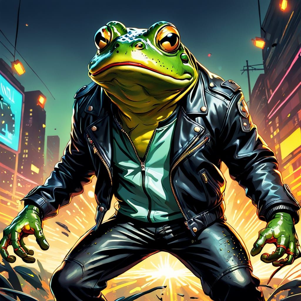 Anthropomorphic Bullfrog Biker in Comic Book Style - AI Art