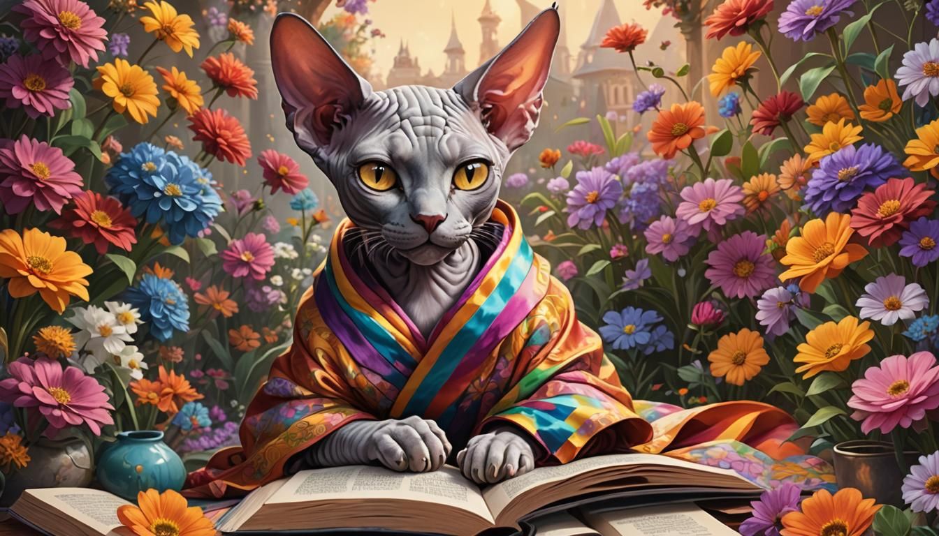 Happy Sphynx Cat wearing dress reading book in summer flower garden ...