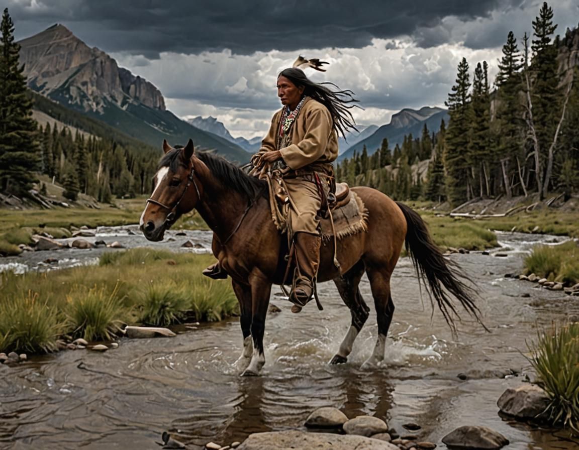 A tired Blackfoot Indian rides a tired, slow pony beside a stream in ...