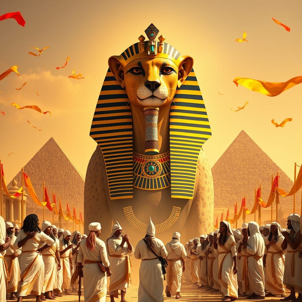 A huge egyptians cheetah-faced god is organising with the sun priests a ...