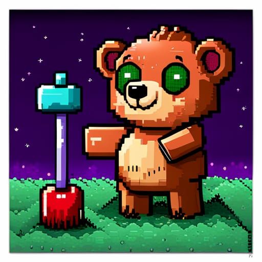8 bit pixel art "Cute Bear with Painting brush! Candy art style ...