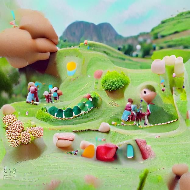 A beautiful stop-motion landscape with bright grassy hills, paths ...