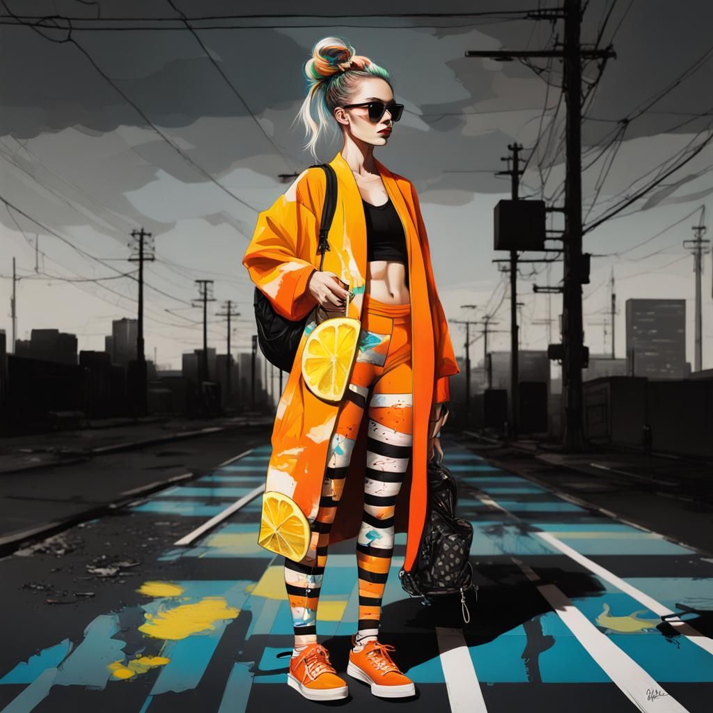 a female wearing a map Kimono, orange & black striped tights with ...