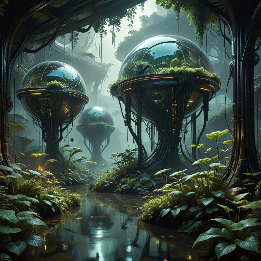 Biomechanical Forest Metropolis with Luminous Gree... - AI Art