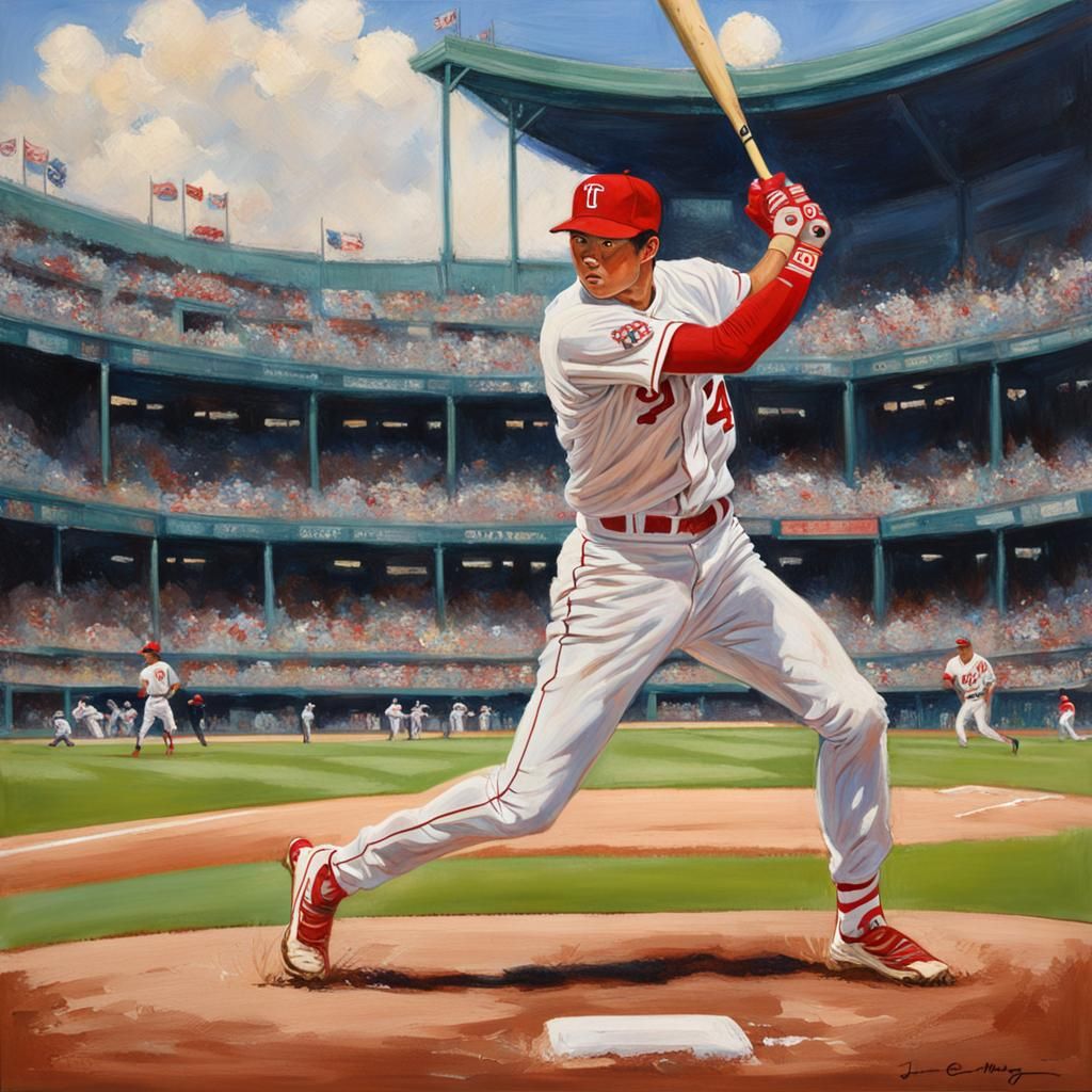 An epic baseball moment by Shohei Ohtani portrayed in a classical ...