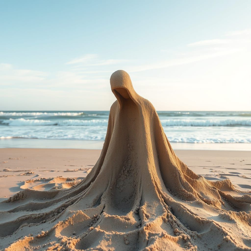sculpture made of sand at the beach a real intense shape of an human.