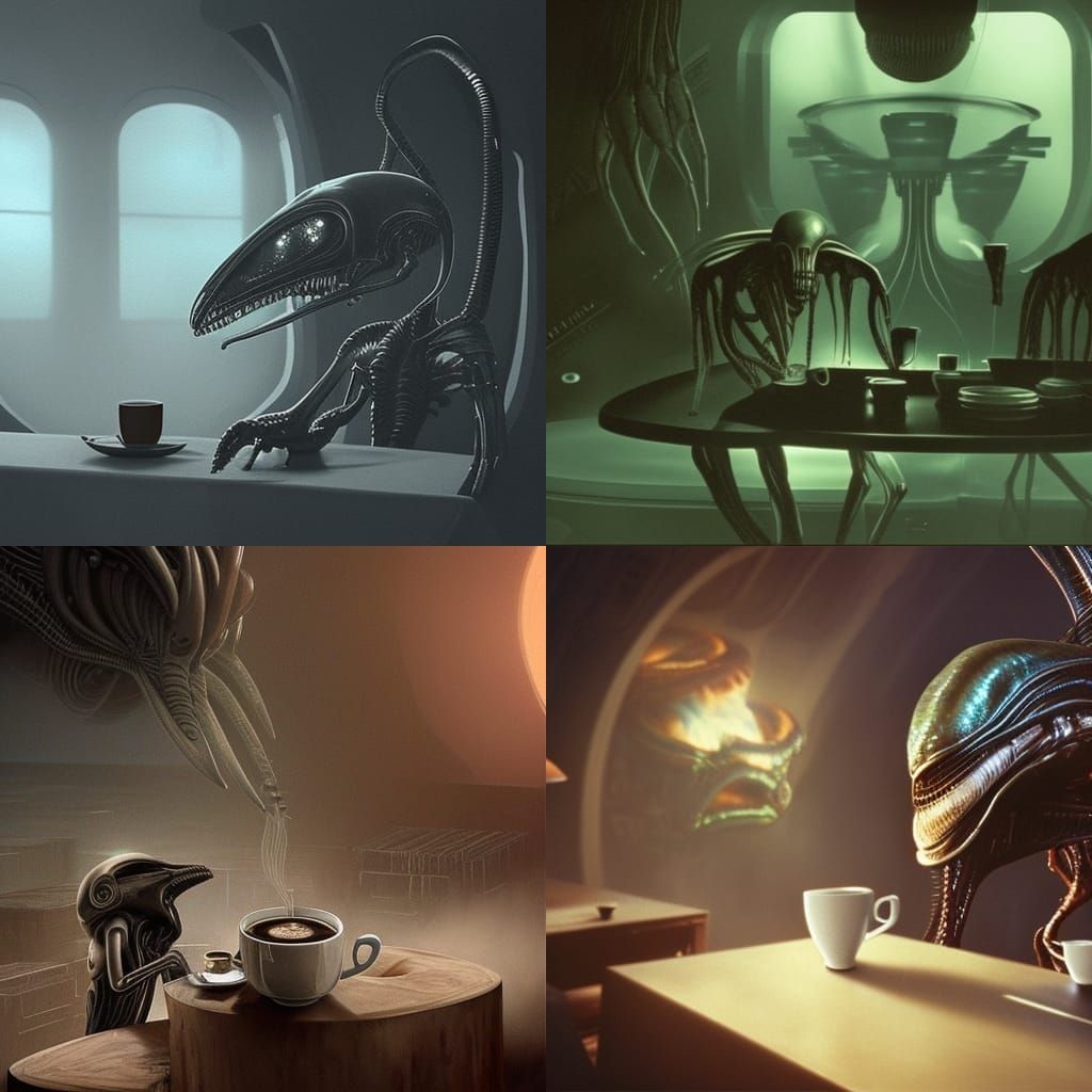 Alien drinking coffee (Epic) - AI Generated Artwork - NightCafe Creator