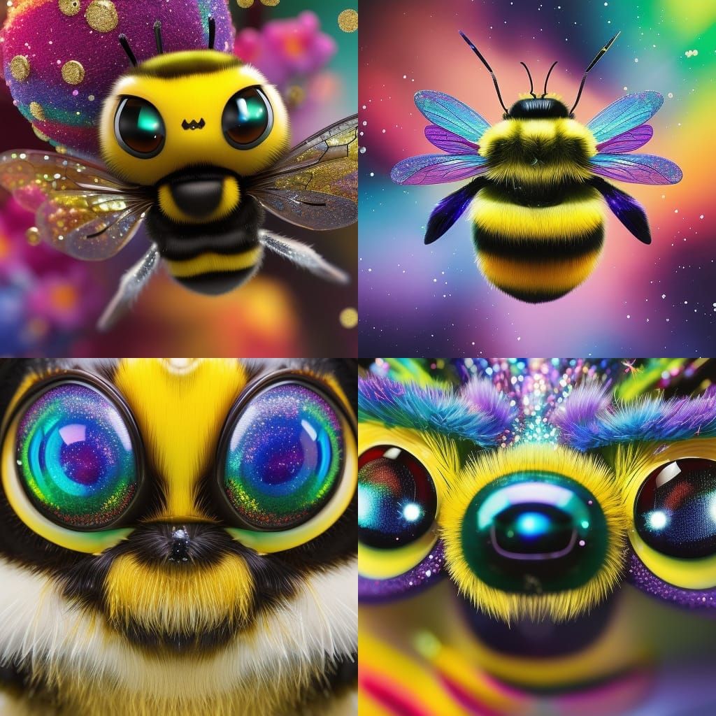 Strange adorable bumble bee with big eyes throwing up sparkling rainbow ...