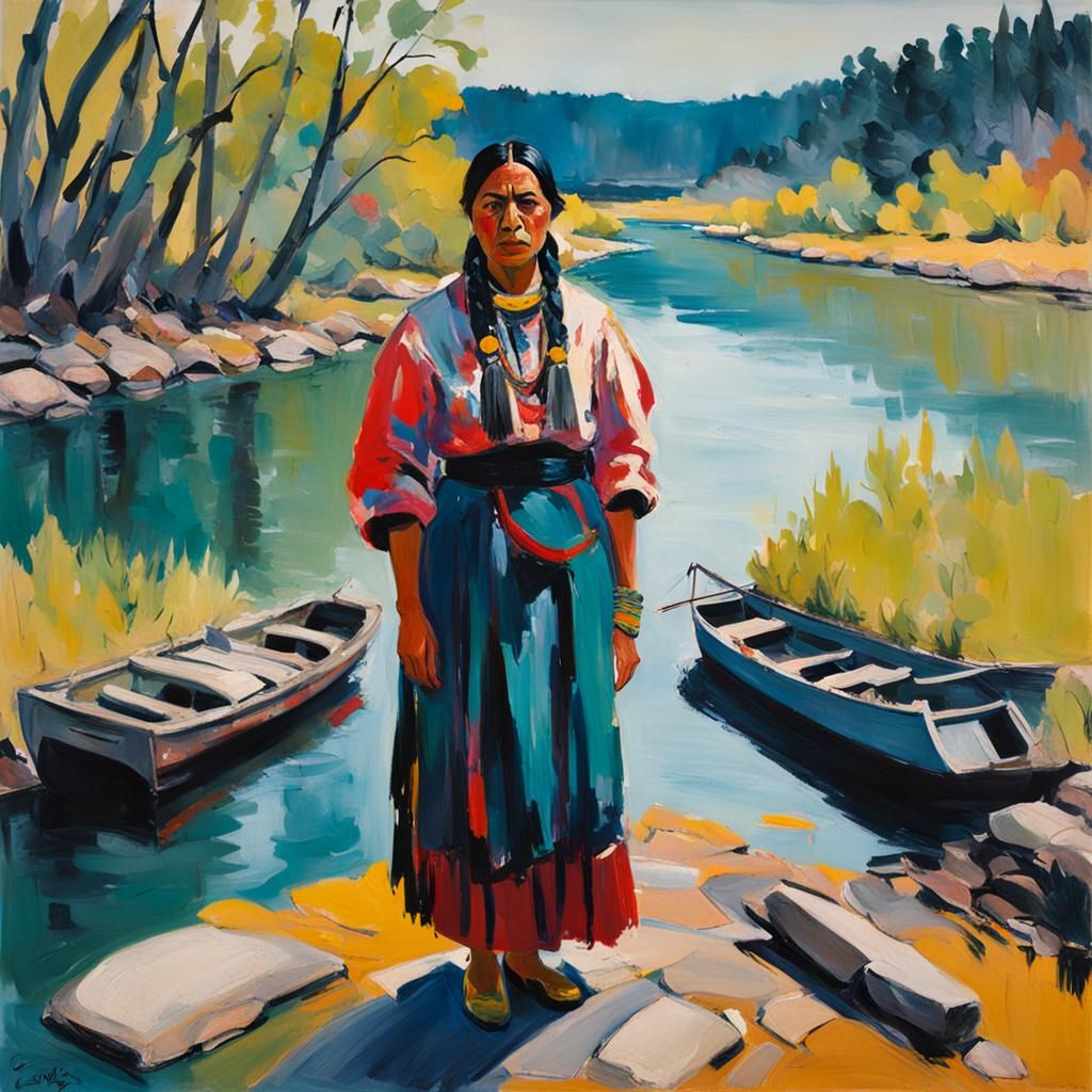 A Native American woman in traditional clothing stands on a riverbank ...