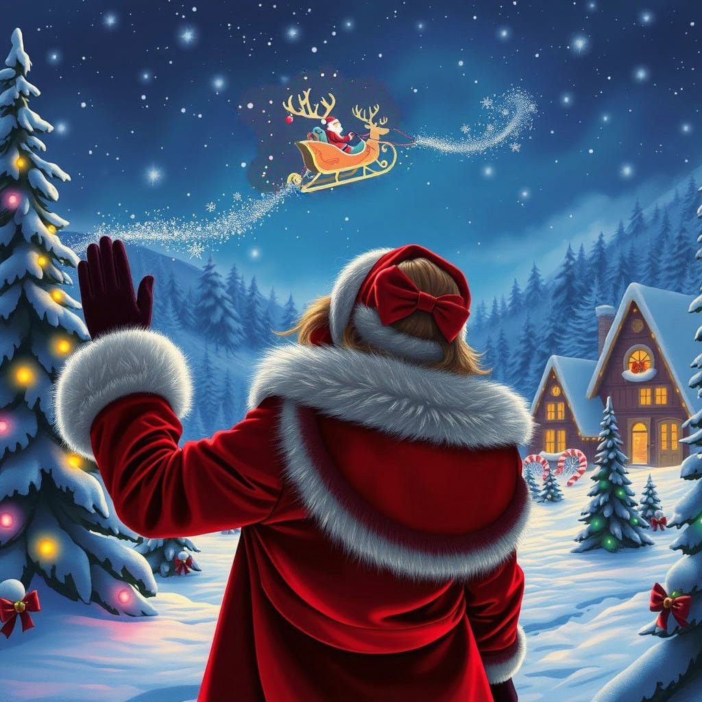 Mrs. Santa waving goodbye to Mr. Santa on Christmas Eve. See you soon!