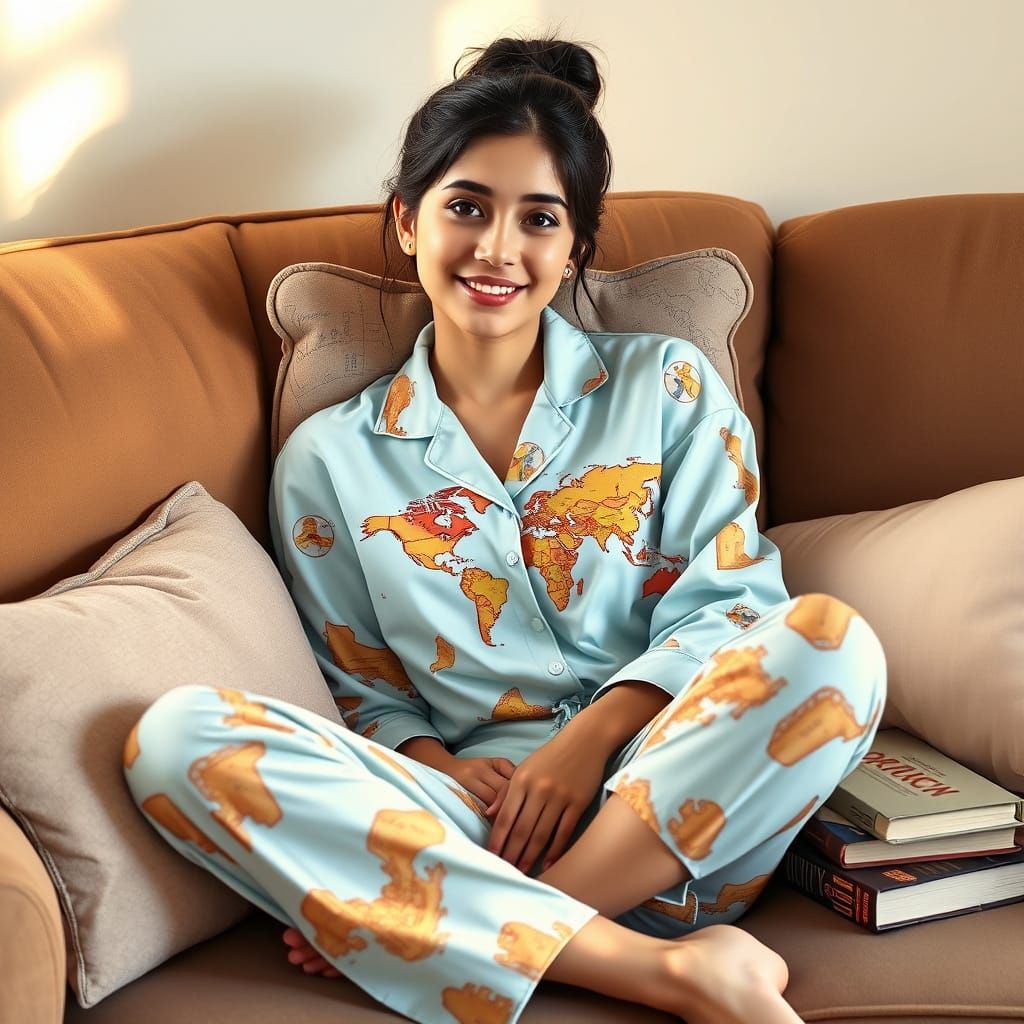 Cozy Map Dreams in Pastel Blue Pajamas - AI Art