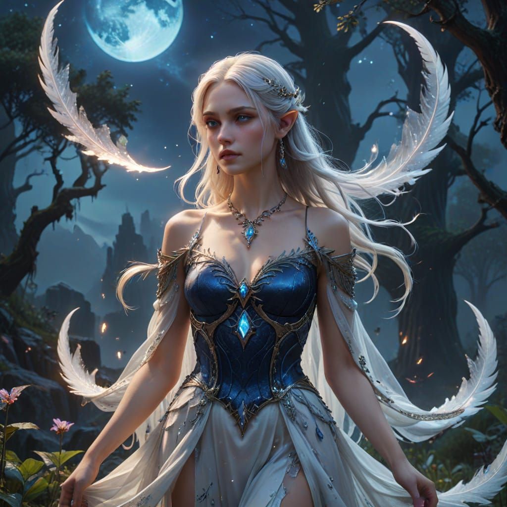 Ethereal Maiden in Moonlit Landscape with Mystical... - AI Art