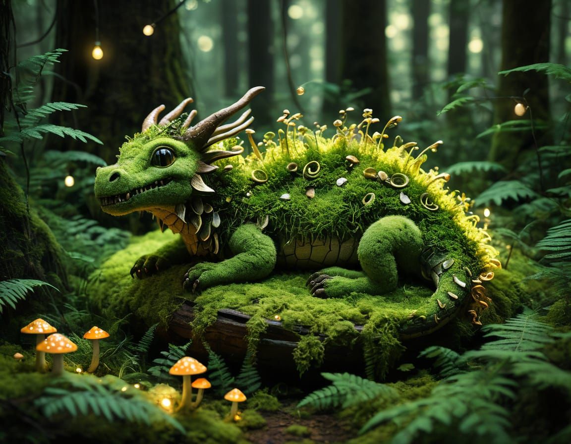 Adorable Moss Dragon in Magical Forest Setting - AI Art