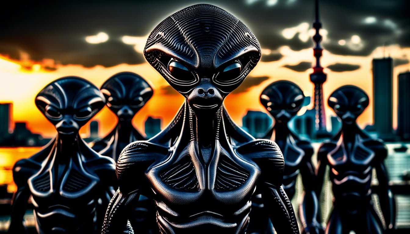 Black Aliens Rase in the Tokyo city Sunrise Ocean intricate details ...