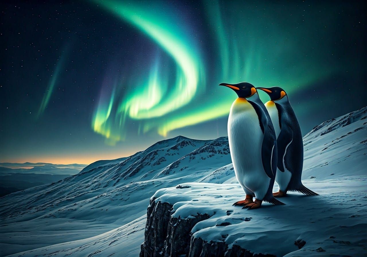 Penguins Bask in Ethereal Aurora Borealis - AI Art