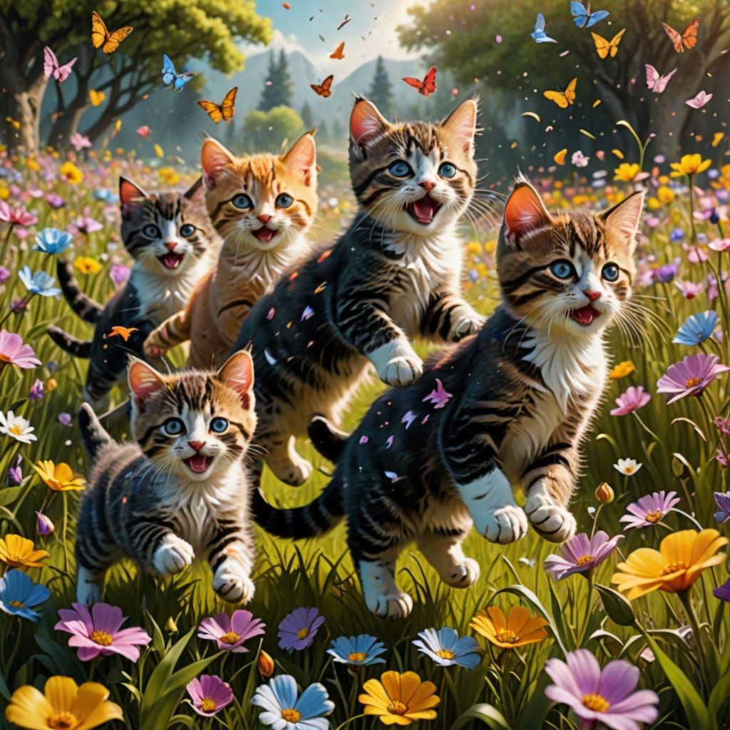 Vibrant Kittens Dance Amidst Spring Blooms in an E... - AI Art