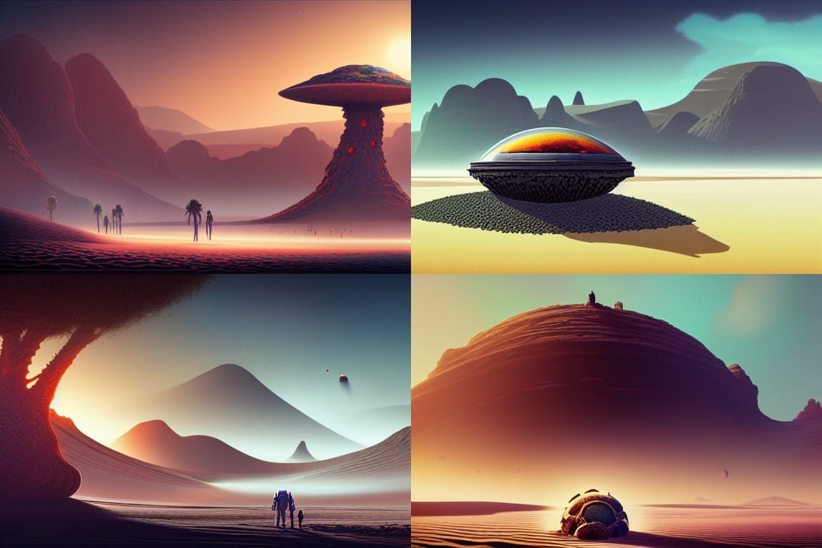 oasis, black sand, small lake, Alien planet desert, unknown flora ...