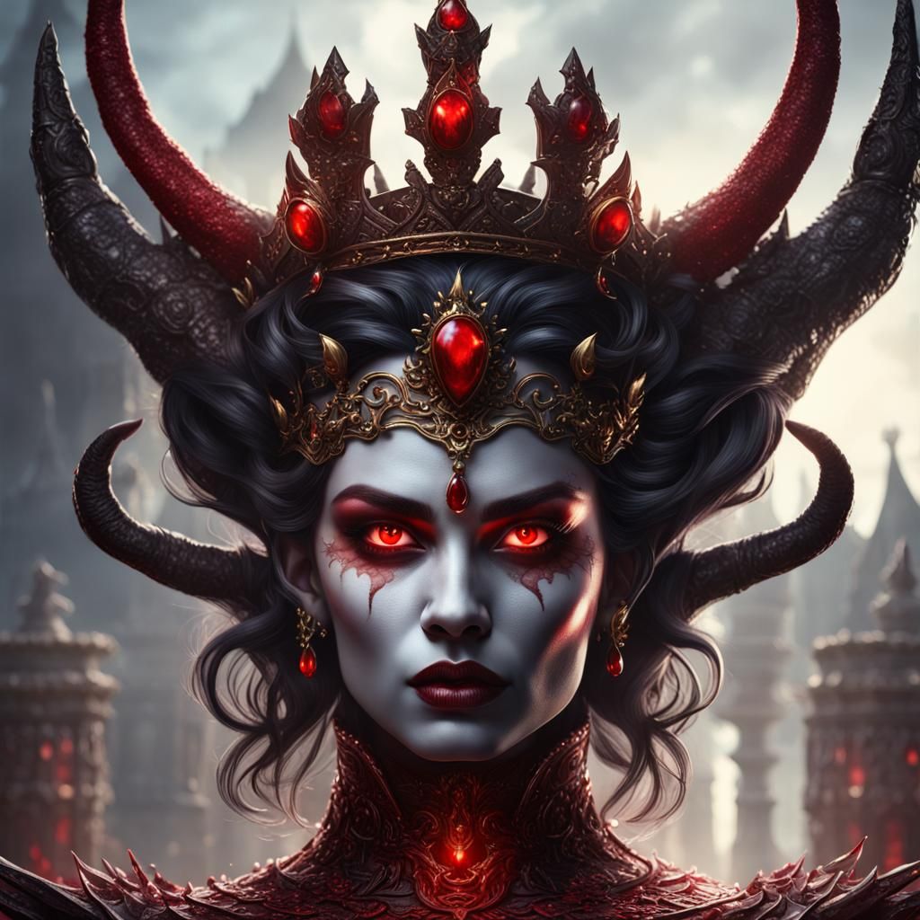 Photorealistic portrait of a majestic evil demon queen goddess with ...