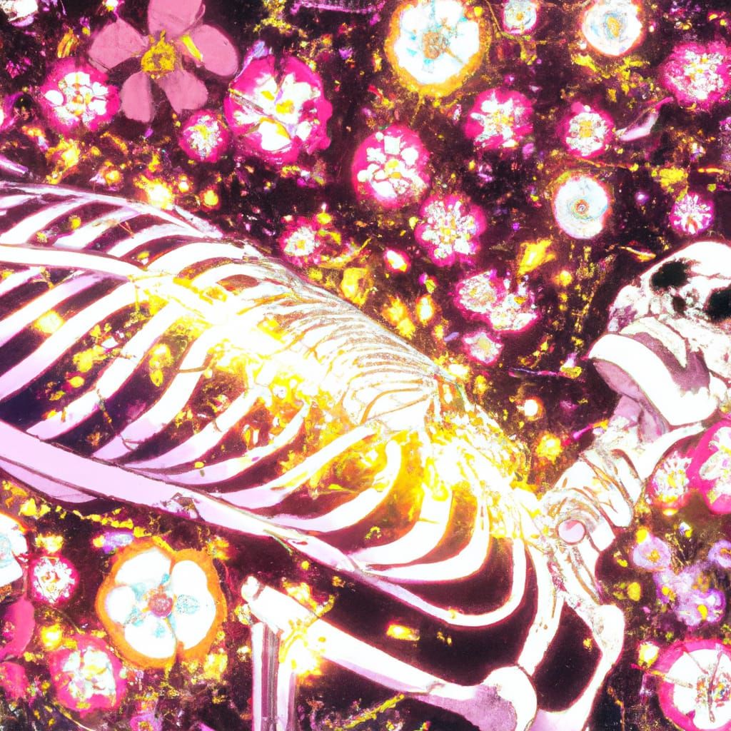 A skeleton with flowers growing overr it. bioluminescent , exploding ...