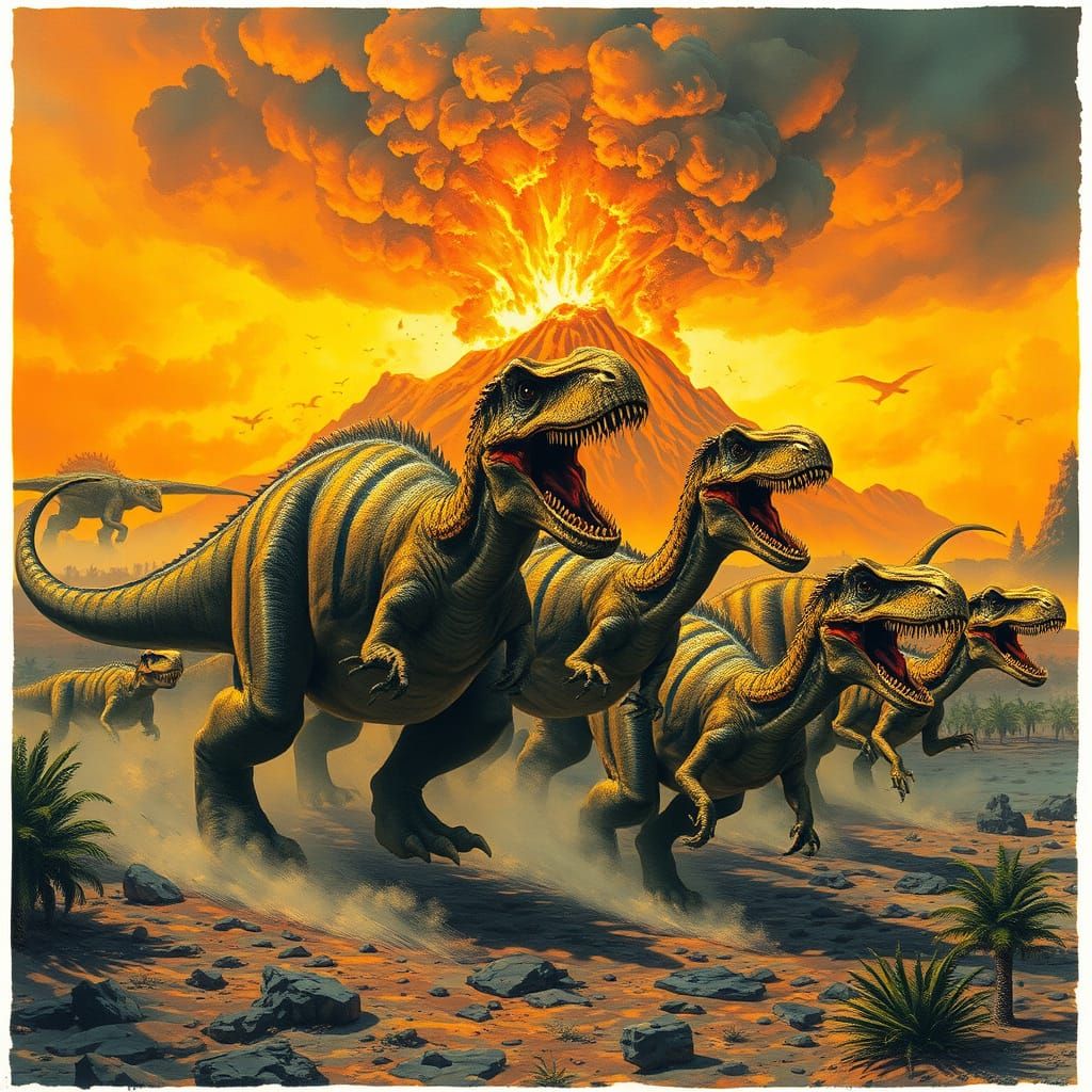 dinosaurs running from a erupted volcano