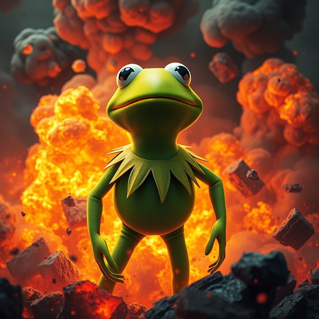 Kermit the frog fire exploding - Surreal Fantasy Frog Embar...