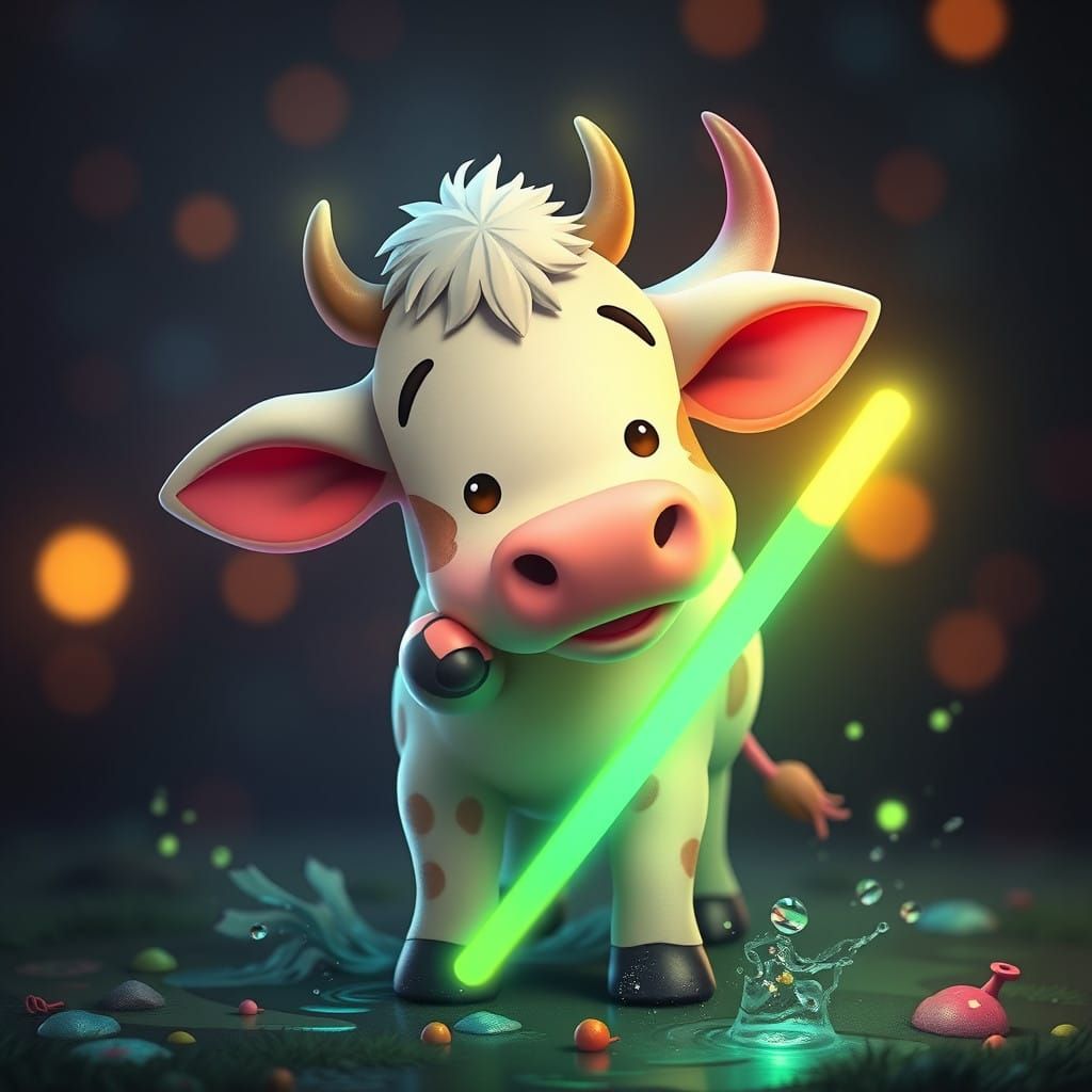 Cute Cartoon cow playing with glow sticks in the dark