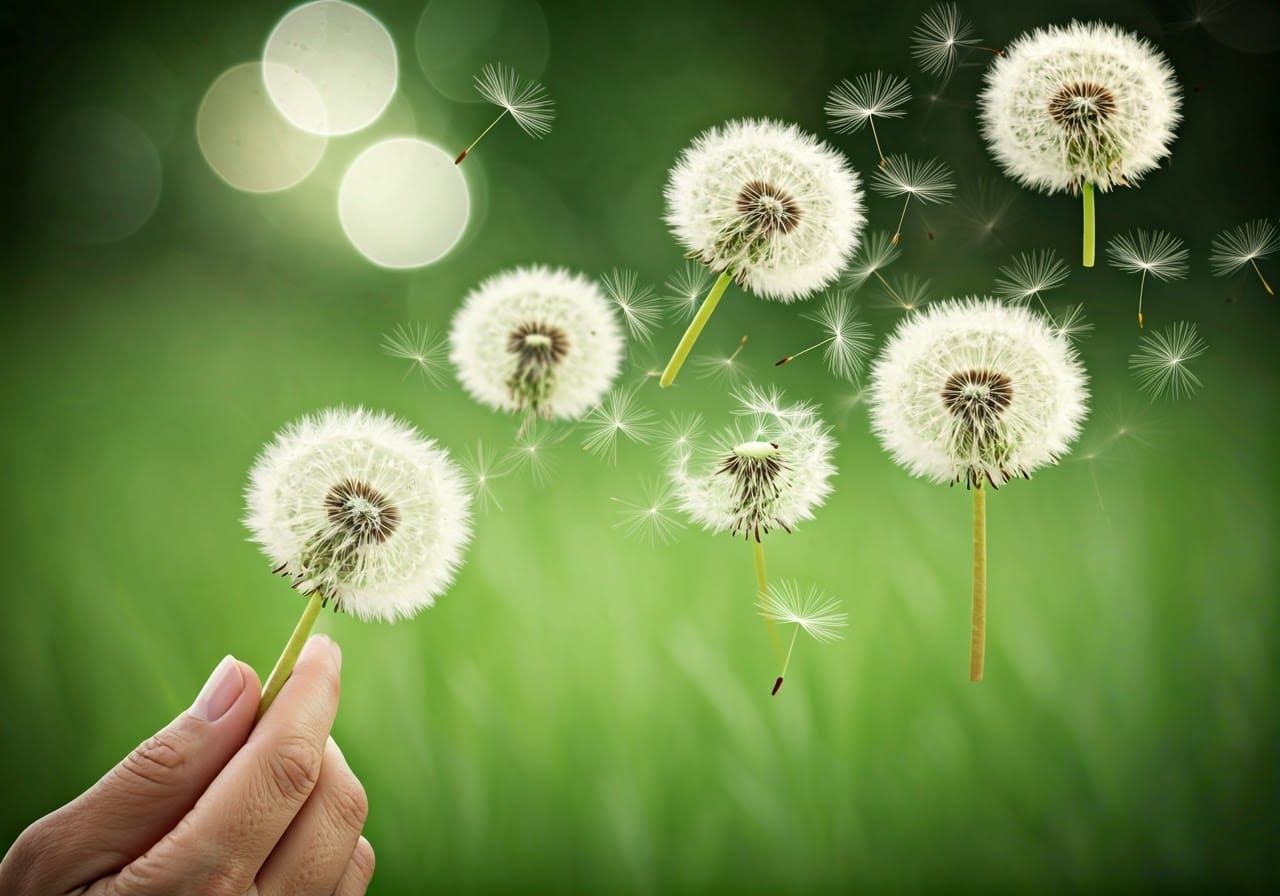 "the dandelions floating in the air as we blow them away to float with ...