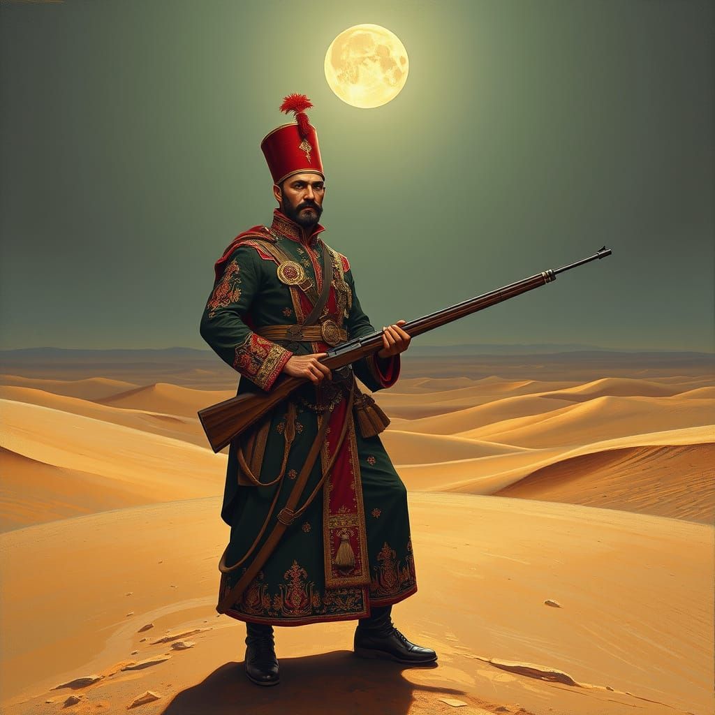 Ottoman empire soldier holding rifle in desert at night full moon