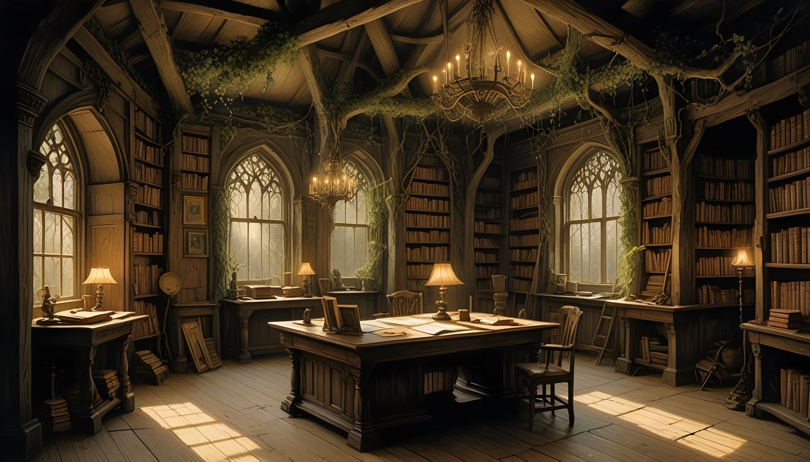 Medieval Treehouse Library Scene - AI Art