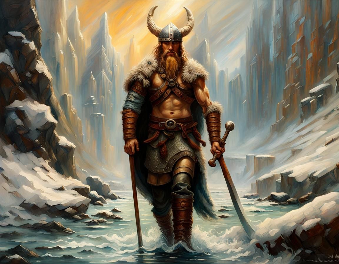 a painting of a viking warrior, at the entrance of valhalla, ancient ...